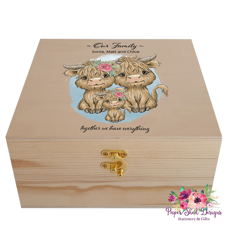 Personalised Family Print Keepsake Box | Highland Cow - Paper Shed Designs