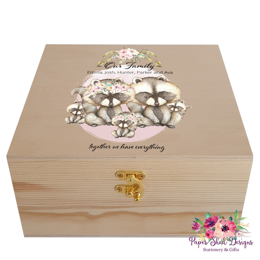 Raccoon Family Keepsake Box - Pink Flowers - Paper Shed Designs