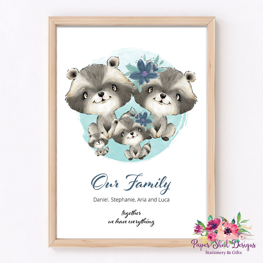 Personalised Family Print | Raccoon Blue Flowers - Paper Shed Designs