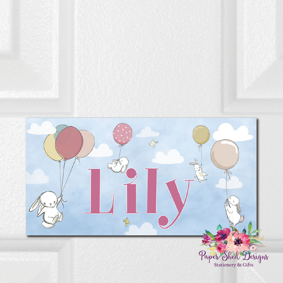 Door Sign | Bunnies and Balloons Pink - Paper Shed Designs