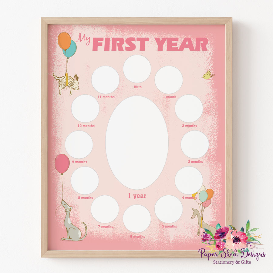 First Year Frame | Doggies and Balloons Pink - Paper Shed Designs