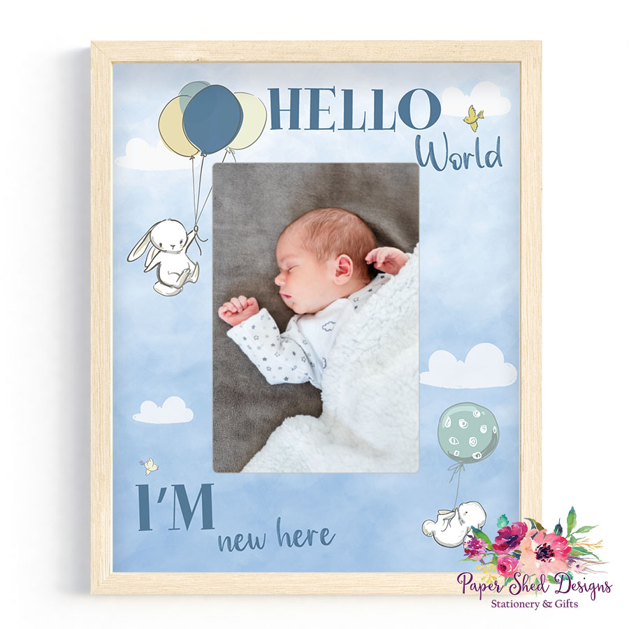 Hello World Photo Frame | Bunny and Balloons Blue - Paper Shed Designs
