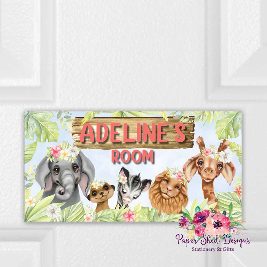 Door Sign | Floral Jungle Safari Animals - Paper Shed Designs