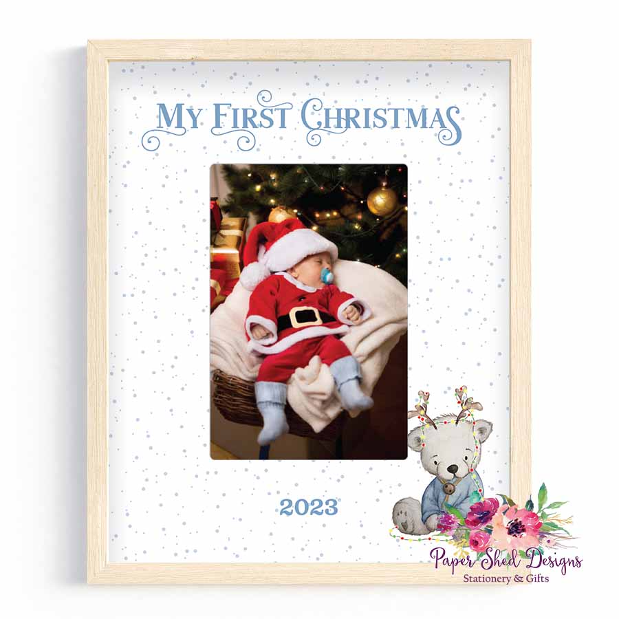 First Christmas Photo Frame | Reindeer Bear Blue - Paper Shed Designs