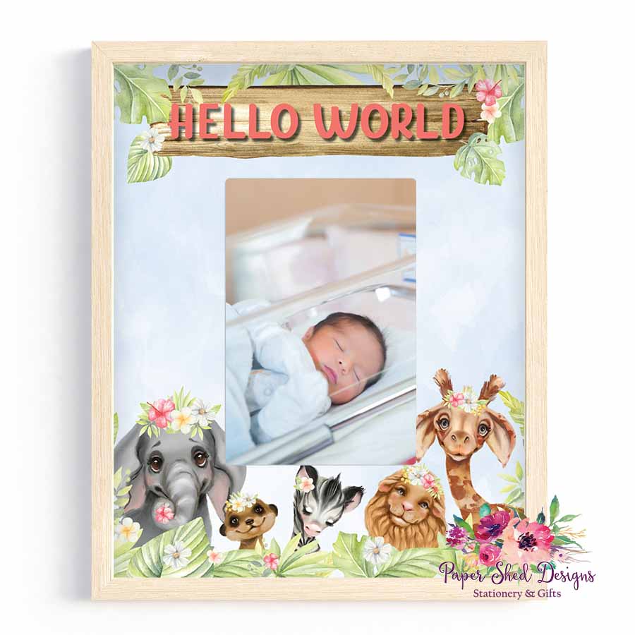 Hello World Photo Frame | Floral Jungle Safari Animals - Paper Shed Designs