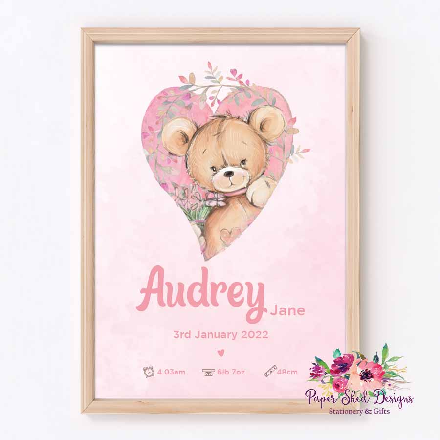 Name Print | Teddy Bear Hearts & Flowers 2 - Paper Shed Designs