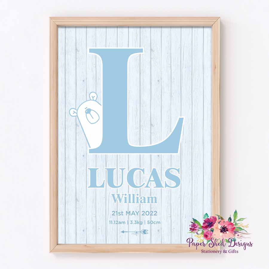 Initial Print | Just Bear Light Blue - Paper Shed Designs