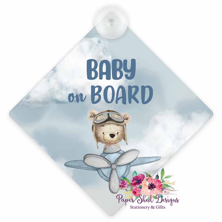 Baby on Board Car Sign | Adventure Pilot Bear Blue - Paper Shed Designs